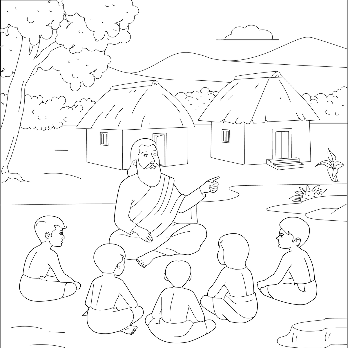 Ancient Ashram Coloring Page – Free PDF for Kids Fun