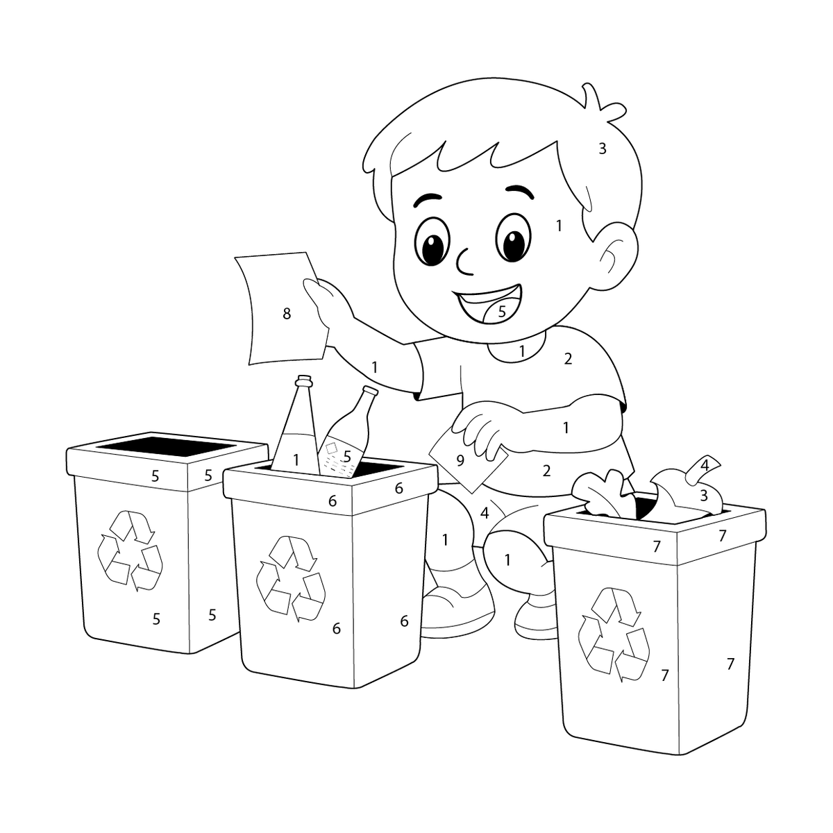 Boy Sorting Waste Color by Number - Educational Activity