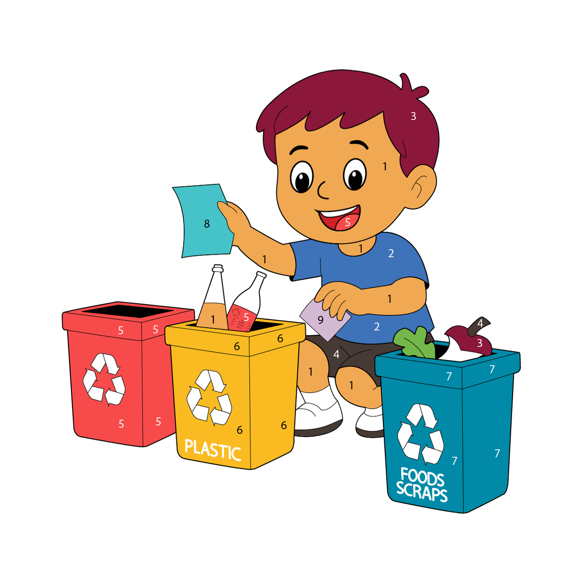 Boy Sorting Waste Color by Number - Educational Activity