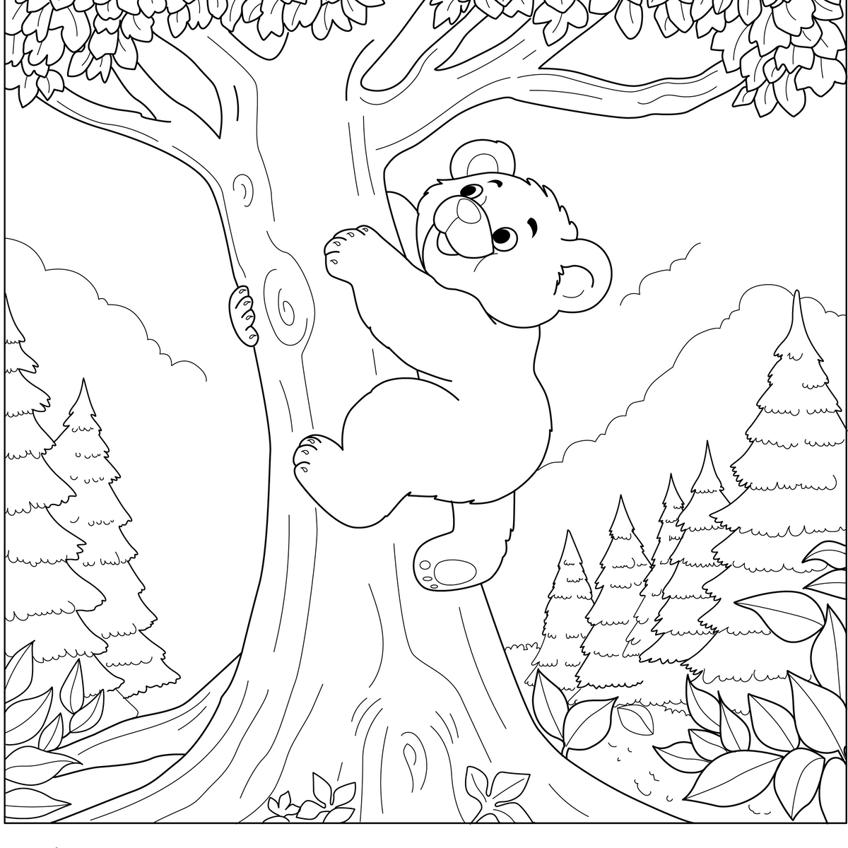 Bear Climbing The Big Tree Coloring Page