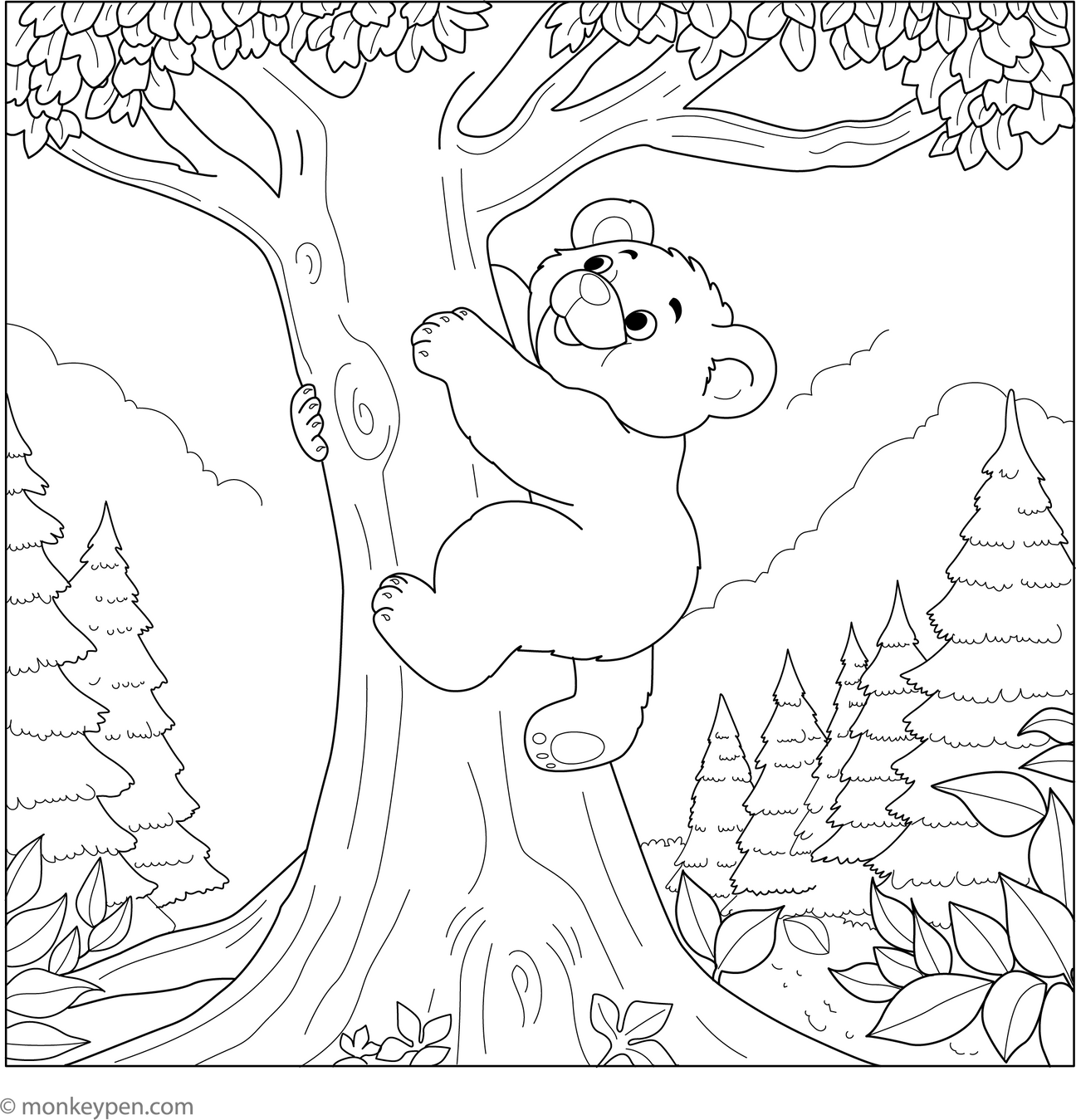 Bear Climbing The Big Tree Coloring Page