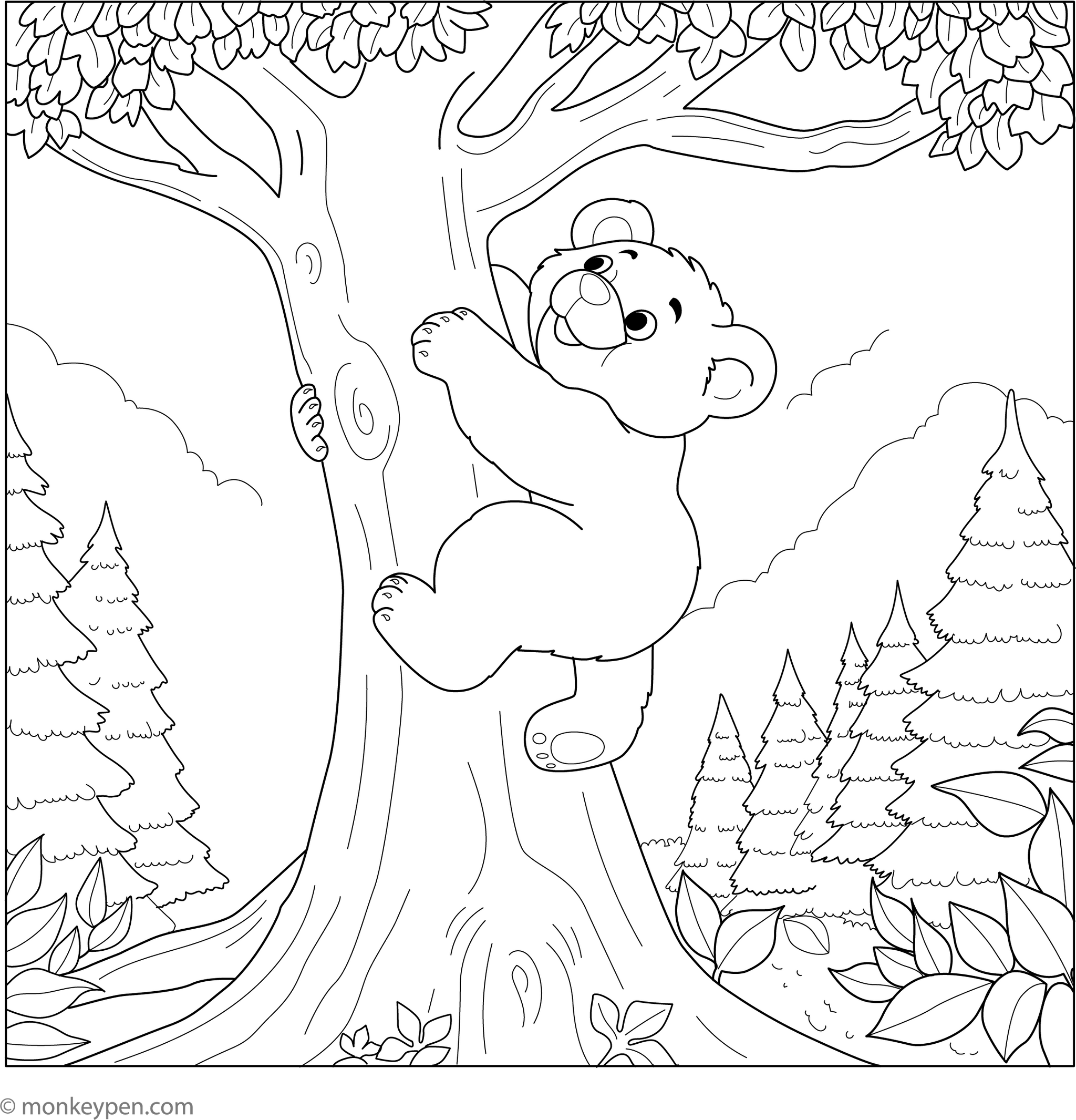 Bear Climbing The Big Tree Coloring Page