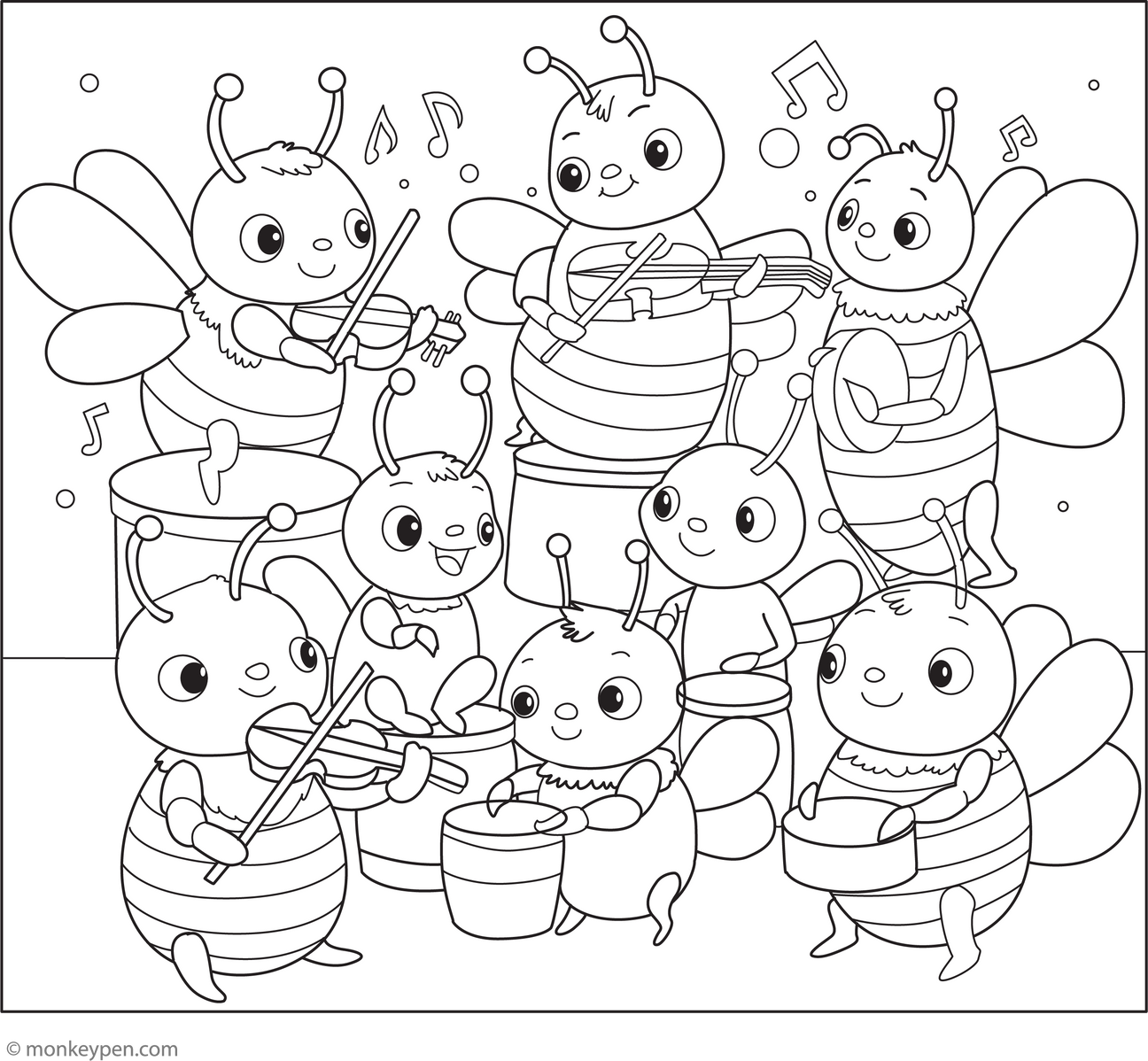 Bees Playing Music Coloring Page – Free PDF for Kids