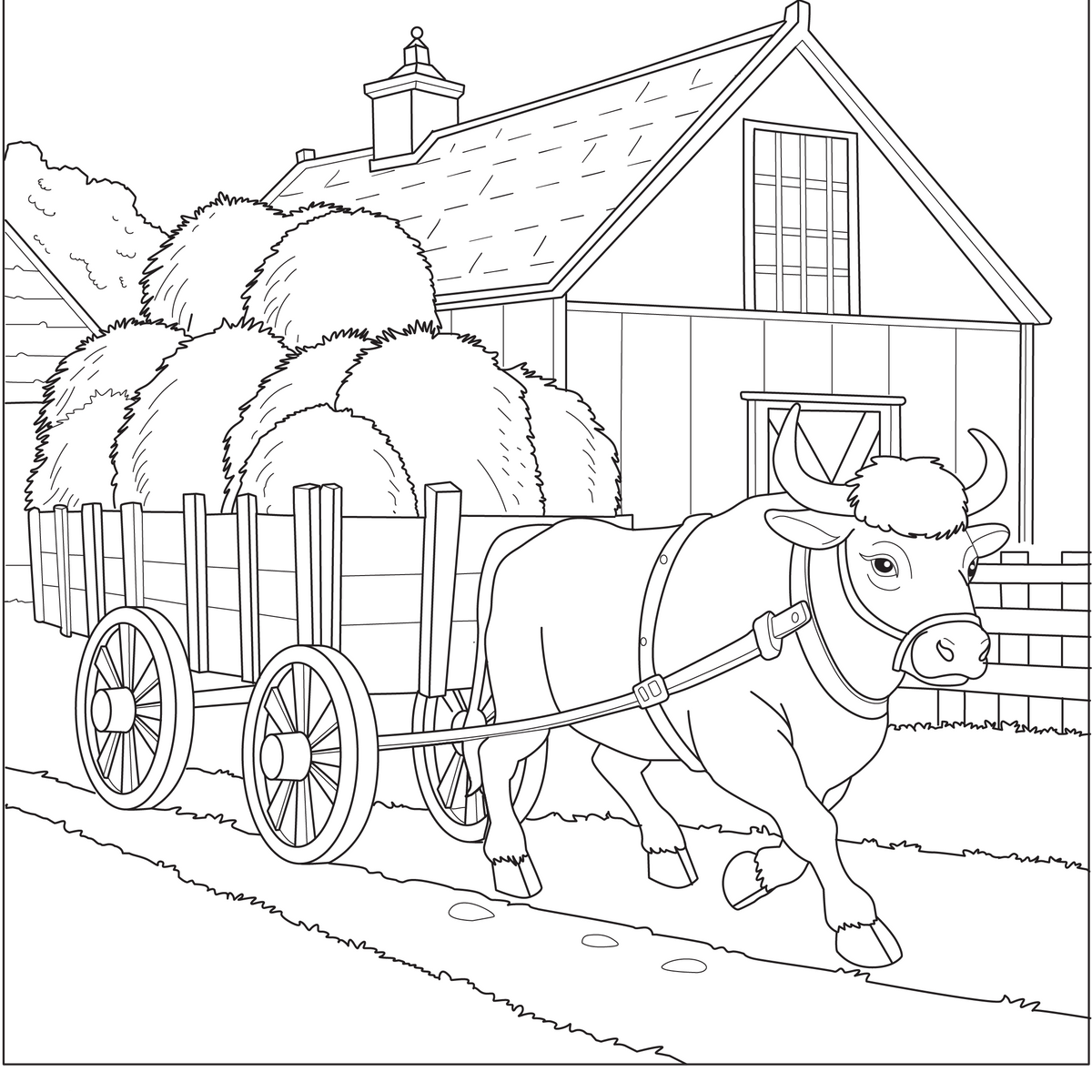 Bull Pulling Cart – Traditional Farming Scene Coloring Page for Kids