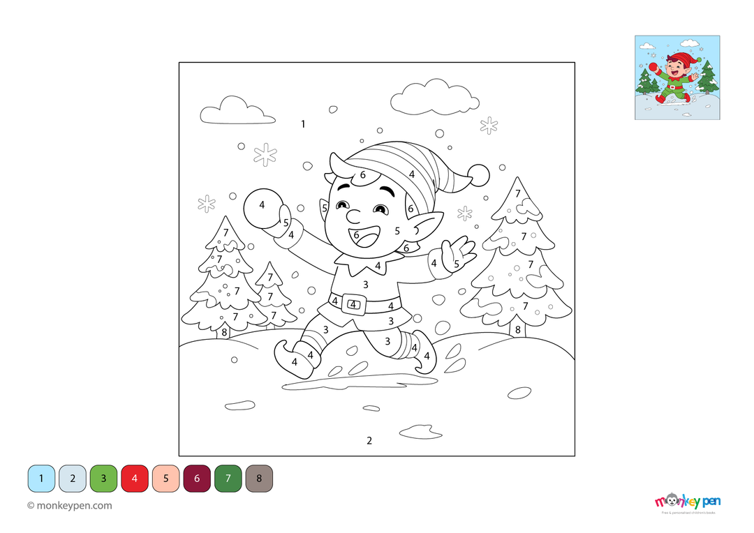 Elf in the Snow | Holiday Color by Number Pages PDF