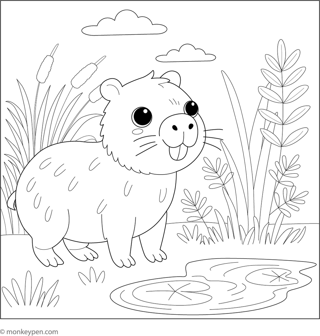 Capybara by a Pond Coloring Page – Free PDF for Kids Fun