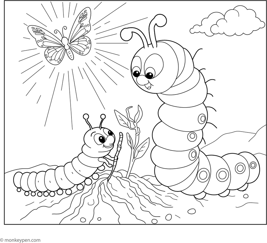 Caterpillar and Worm Coloring Page – Printable PDF for Kids