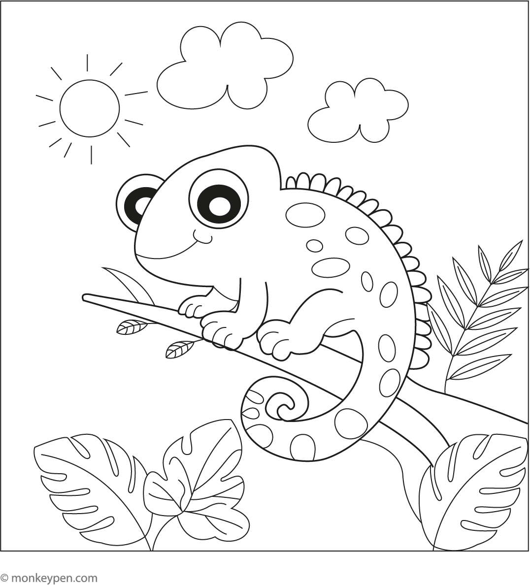 Printable Chameleon with Long Tail Coloring Page for Kids