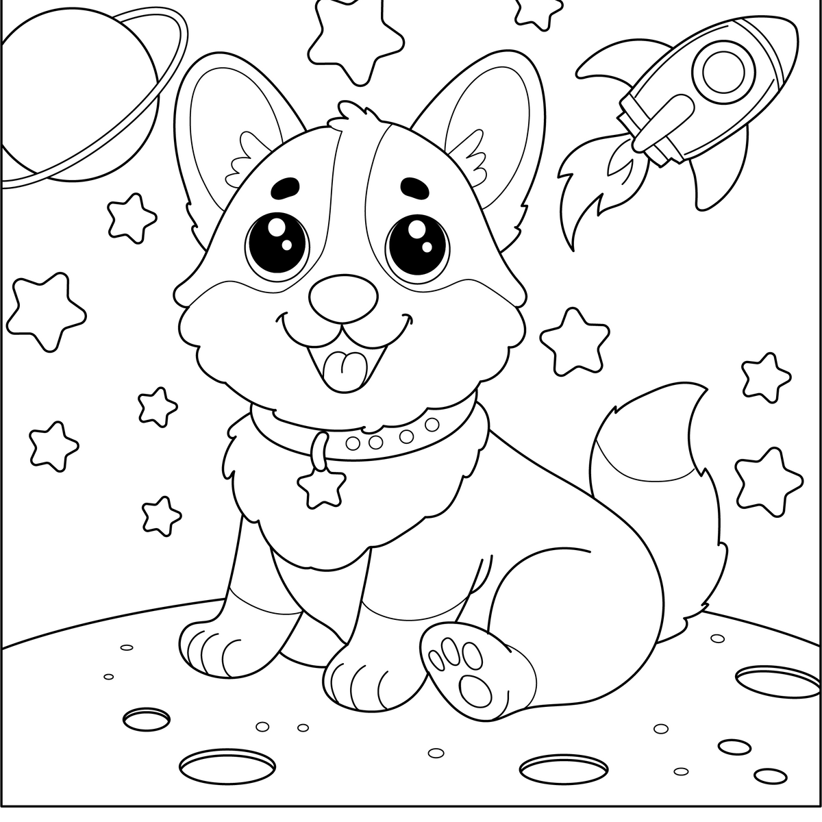 Corgi in Space Coloring Page – Free PDF for Kids Fun