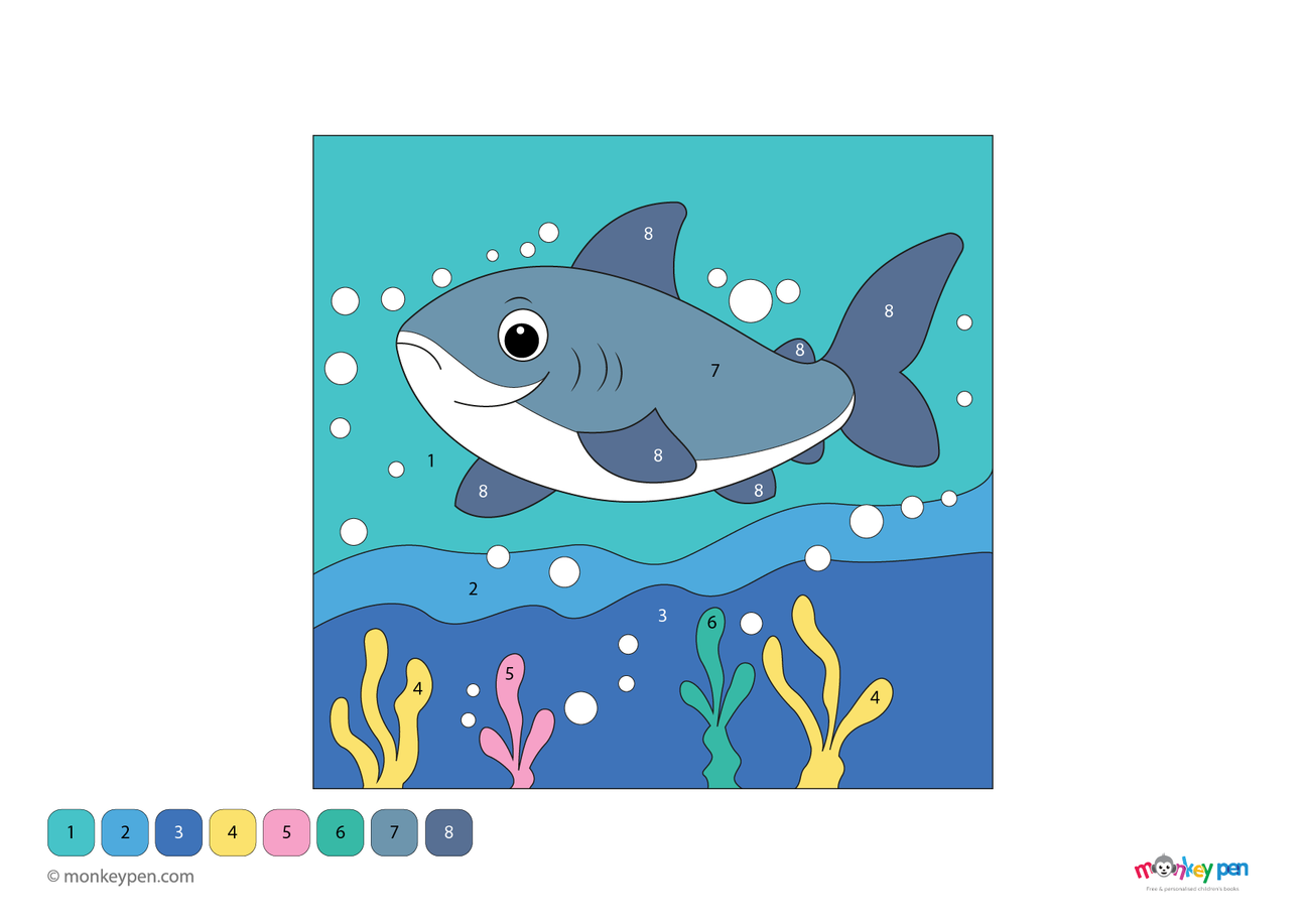 Cartoon Shark | Ocean-Themed Color by Number Pages for Kids