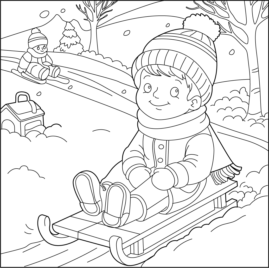Free Printable Winter Sledding Coloring Page for Kids
