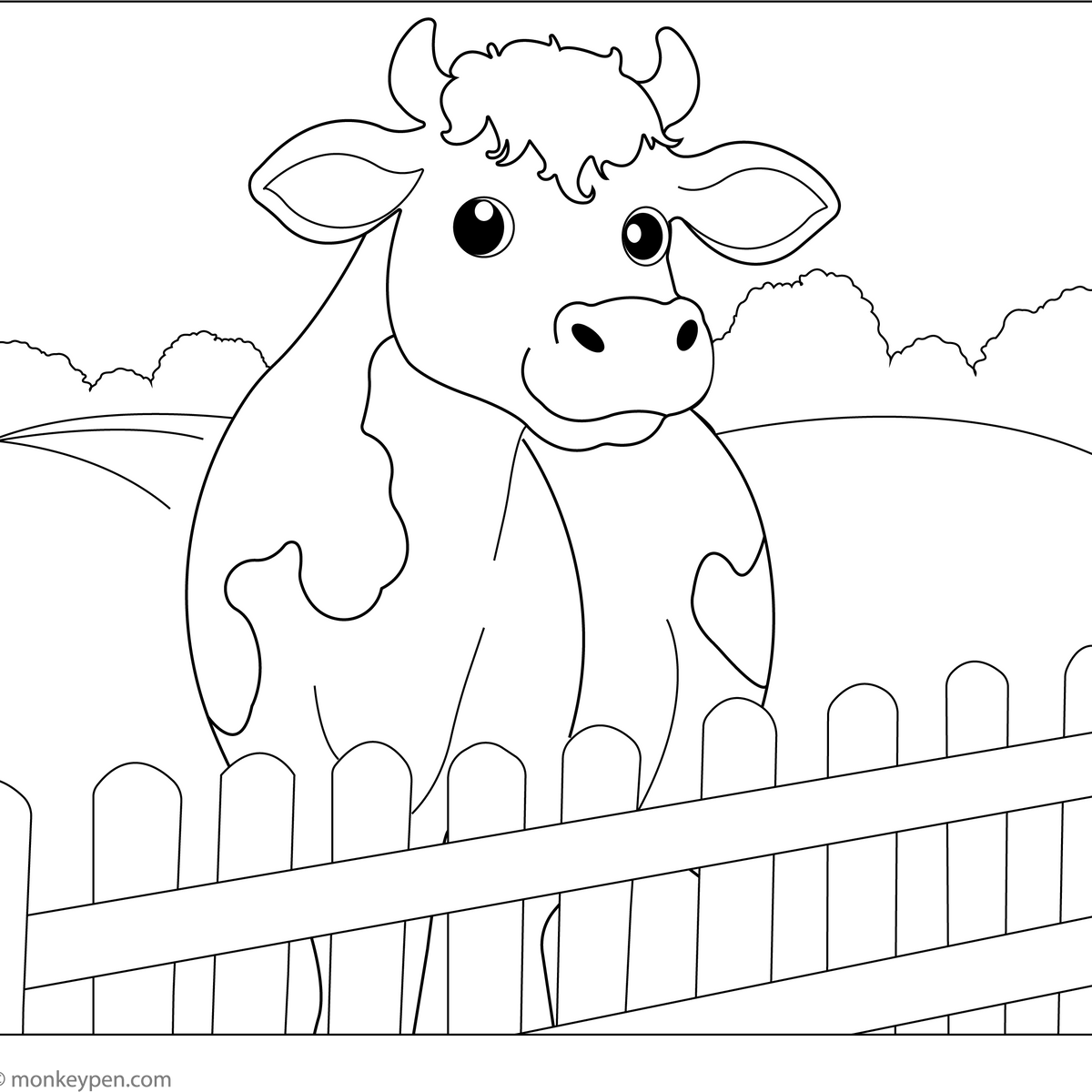 Cow on a Farmyard Fence - Printable Page PDF for Kids
