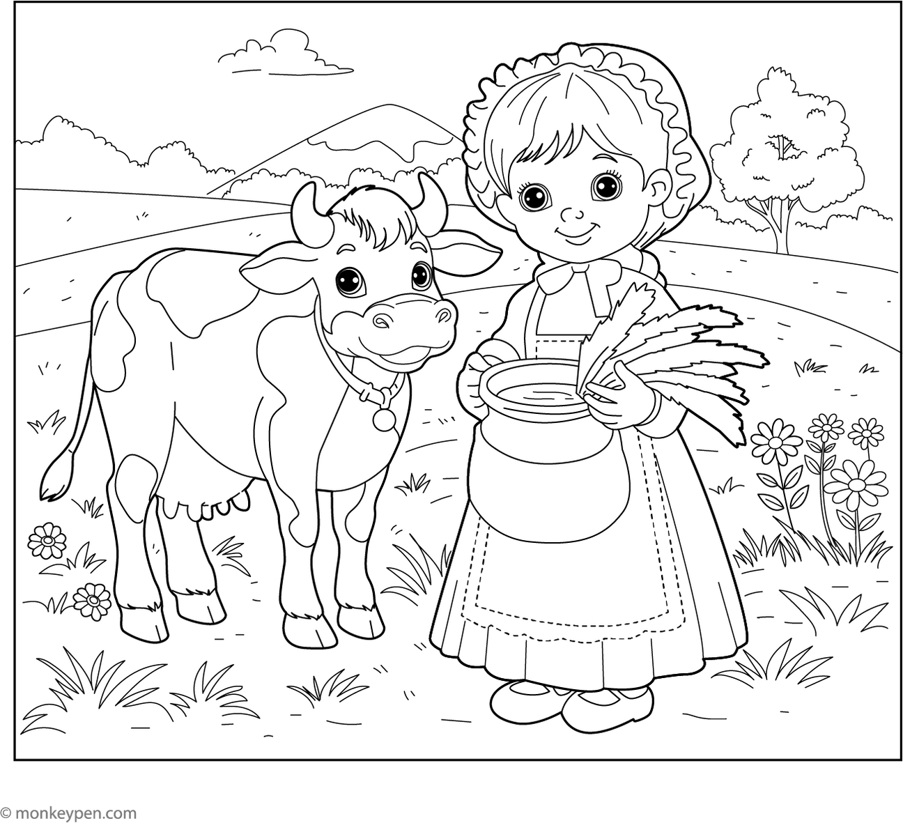 Cow and a Milkmaid Coloring Page – Fun Farm Activity for Kids