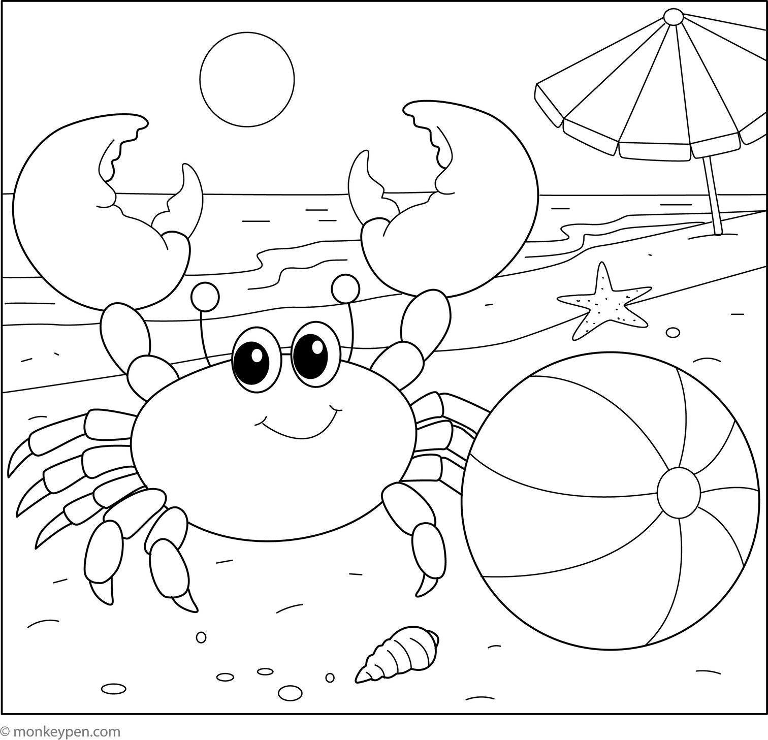 Crab with a Beach Ball – Fun Summer Coloring Page for Kids