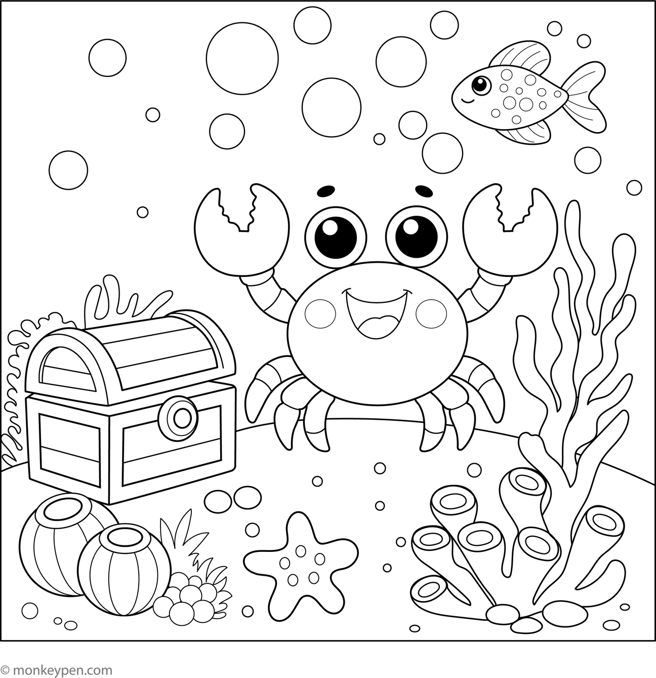 Crab and a Treasure Chest – Printable Coloring Page