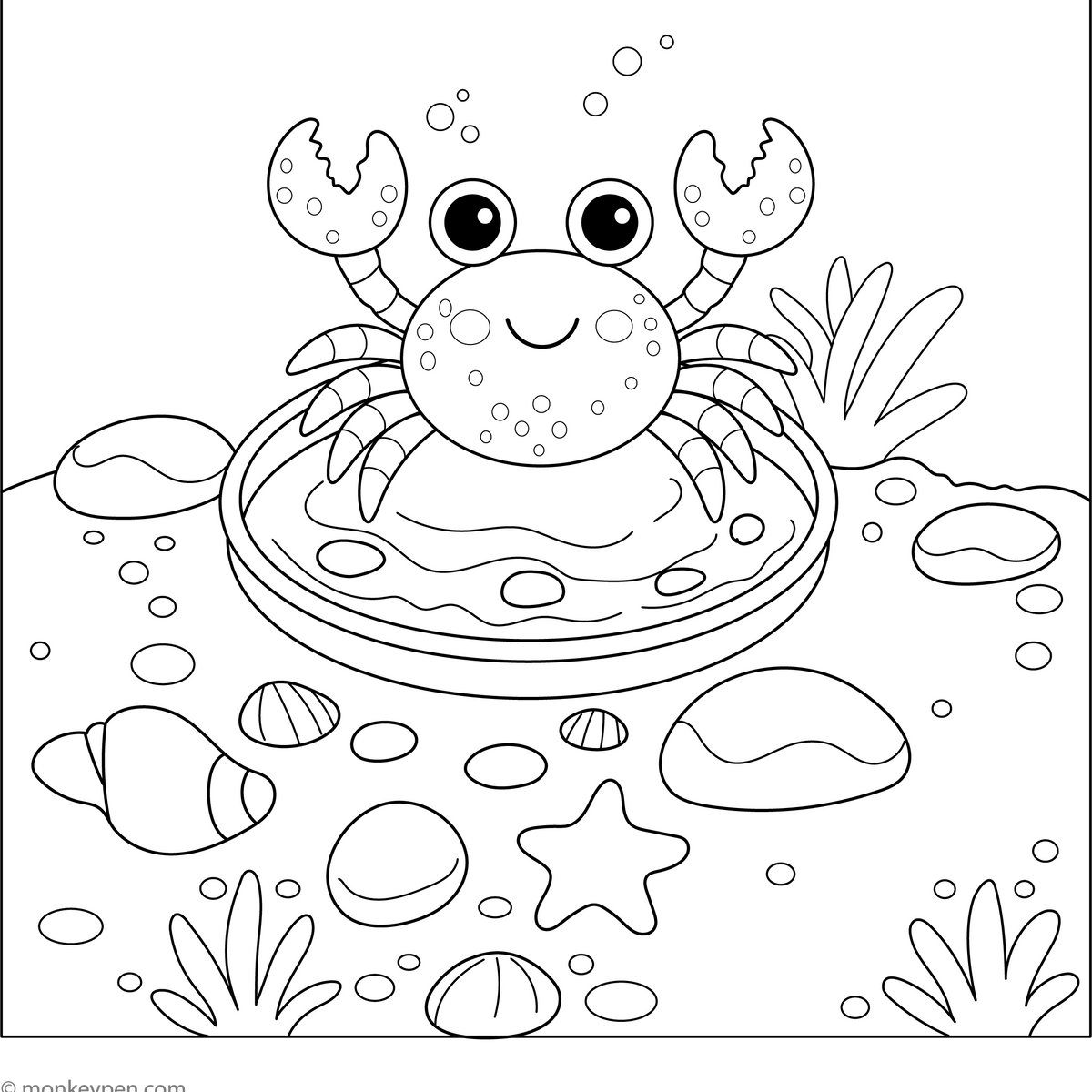 Crab in a Rock Pool Coloring Page – Free Printable for Kids