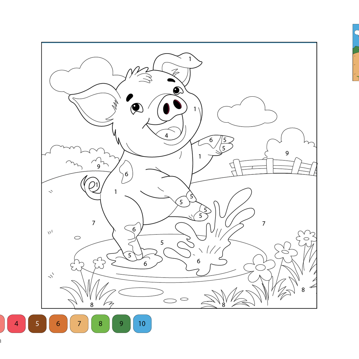 Pig in the Mud Puddle | Farm-Themed Color by Number Pages