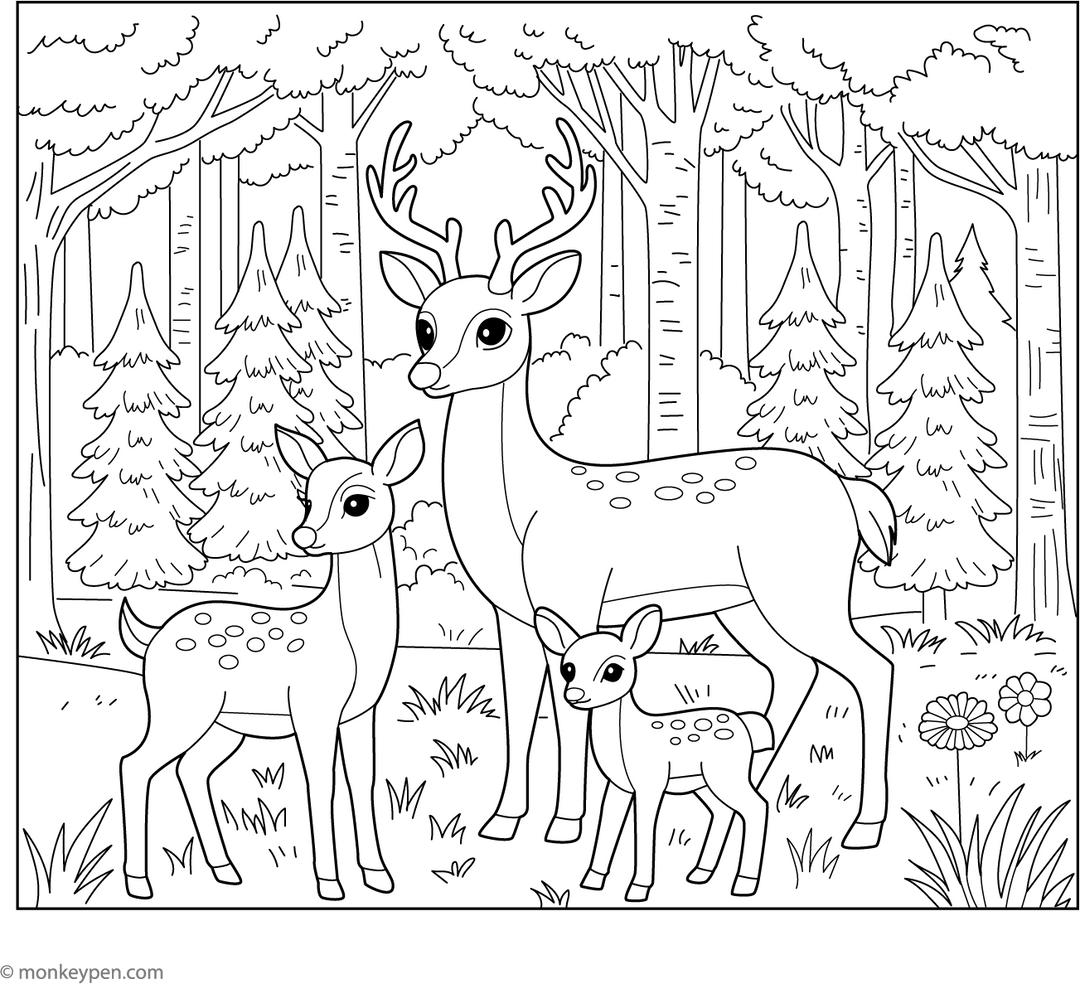 Deer Family Coloring Page – Free Printable PDF for Kids