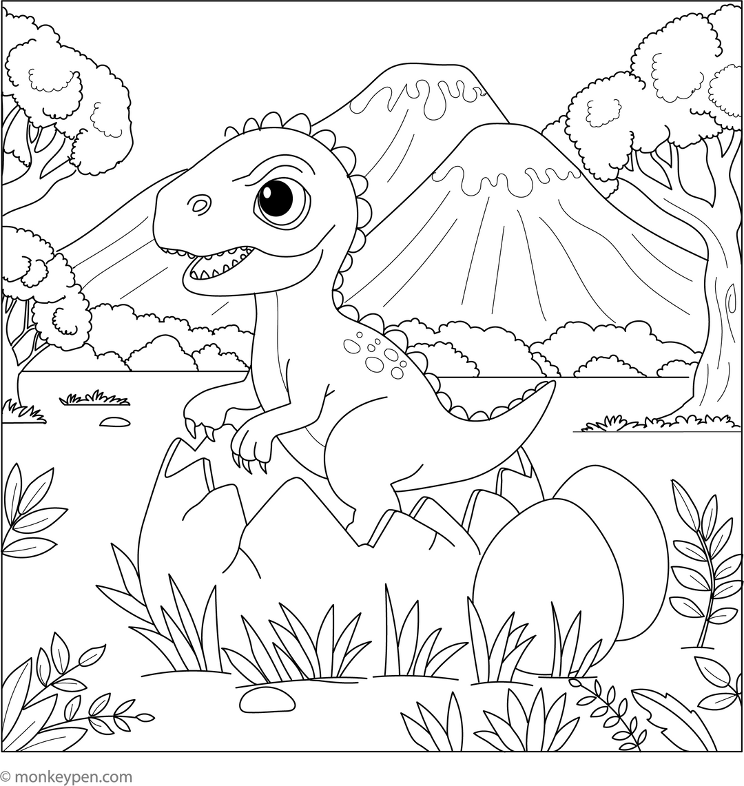 Baby Dinosaur Hatching Free Printable Coloring Page PDF
