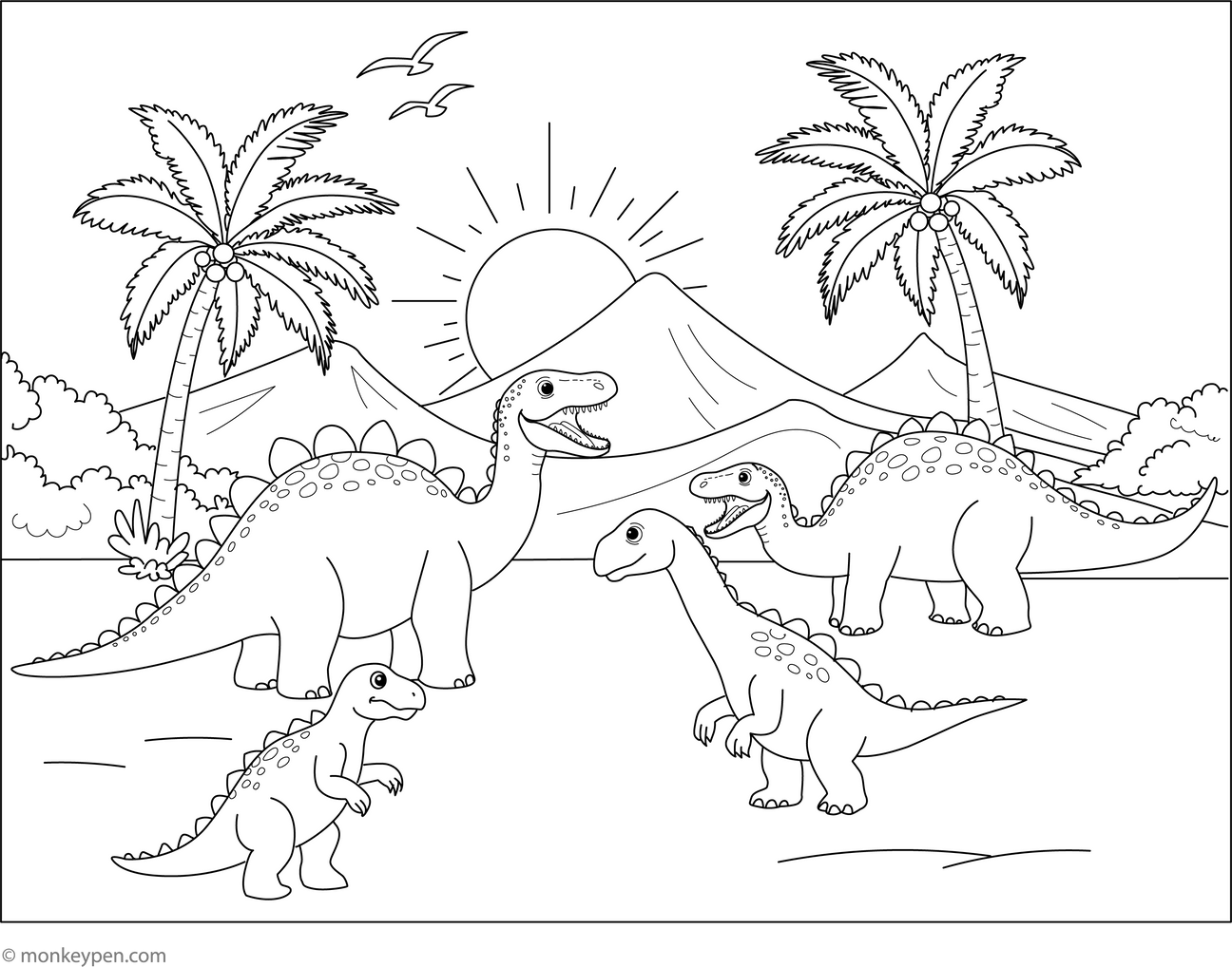 Printable Dinosaur Family at Play Coloring Sheet – Free PDF