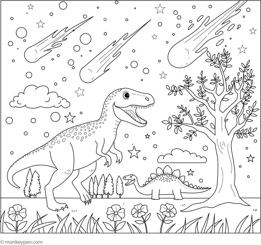 Dinosaurs and Meteor Showers Coloring Page – Fun Printable
