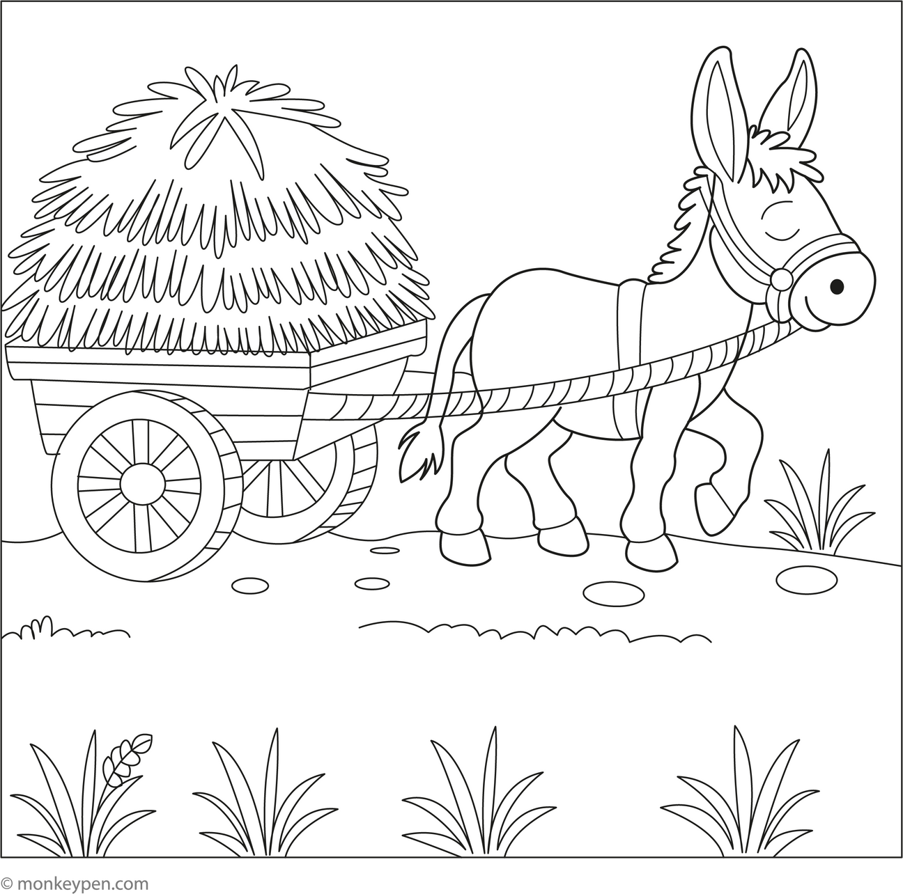 Free Printable Donkey and Cart Coloring Page for Kids