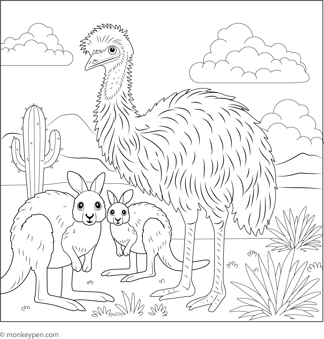 Emu with Kangaroos – Free Printable Coloring Page