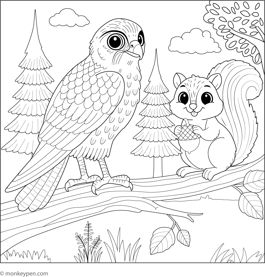 Falcon with Forest Animal – Free Coloring Page for Kids
