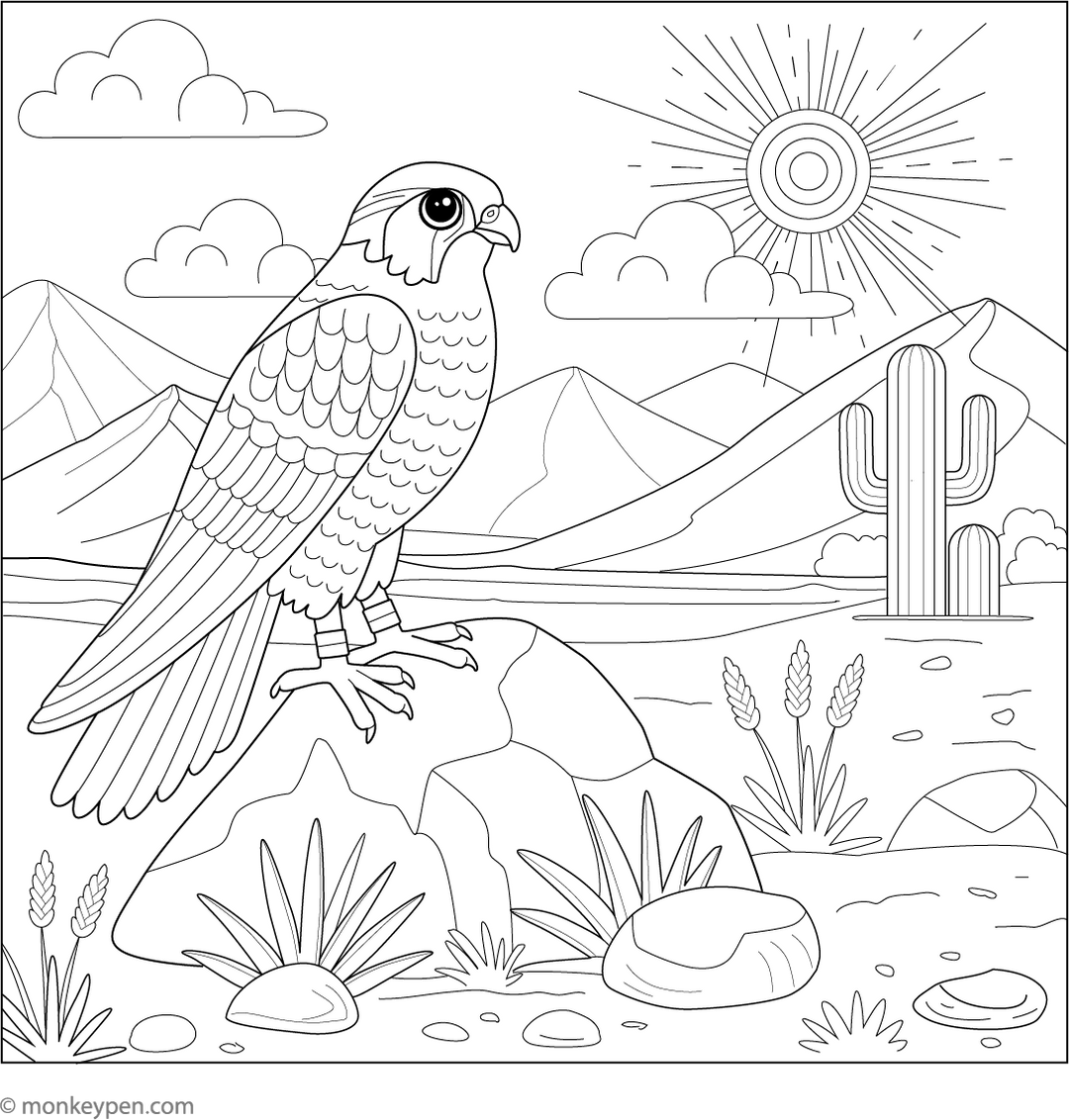 Falcon in Desert Coloring Page – Free Printable for Kids