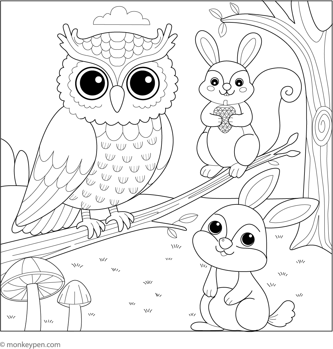 Owl with Forest Friends Coloring Page – Fun Printable for Kids