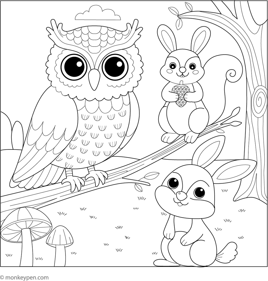 Owl with Forest Friends Coloring Page – Fun Printable for Kids