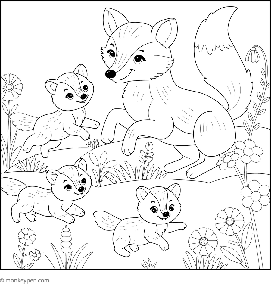 Free Playful Fox Family Coloring Page – Printable for Kids