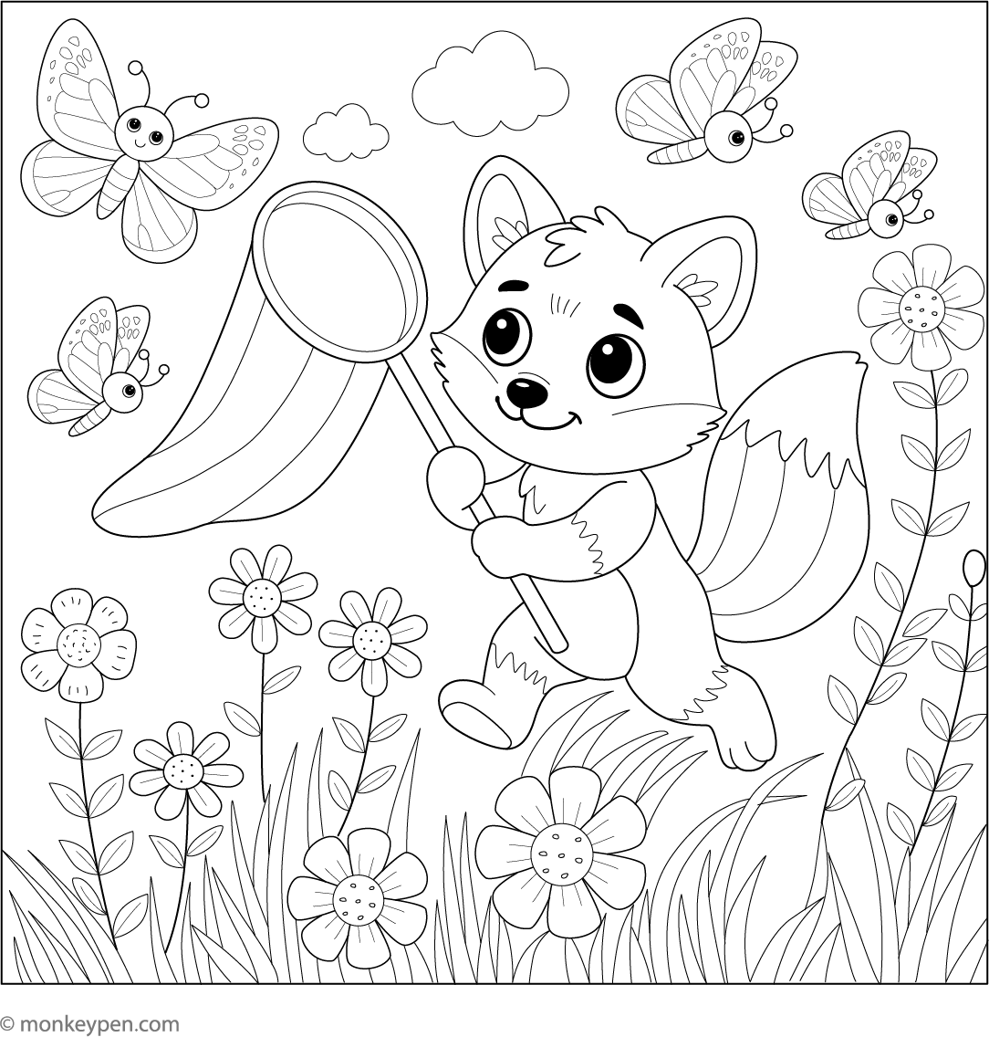 Fox and a Butterfly Net Coloring Page – Fun Activity for Kids