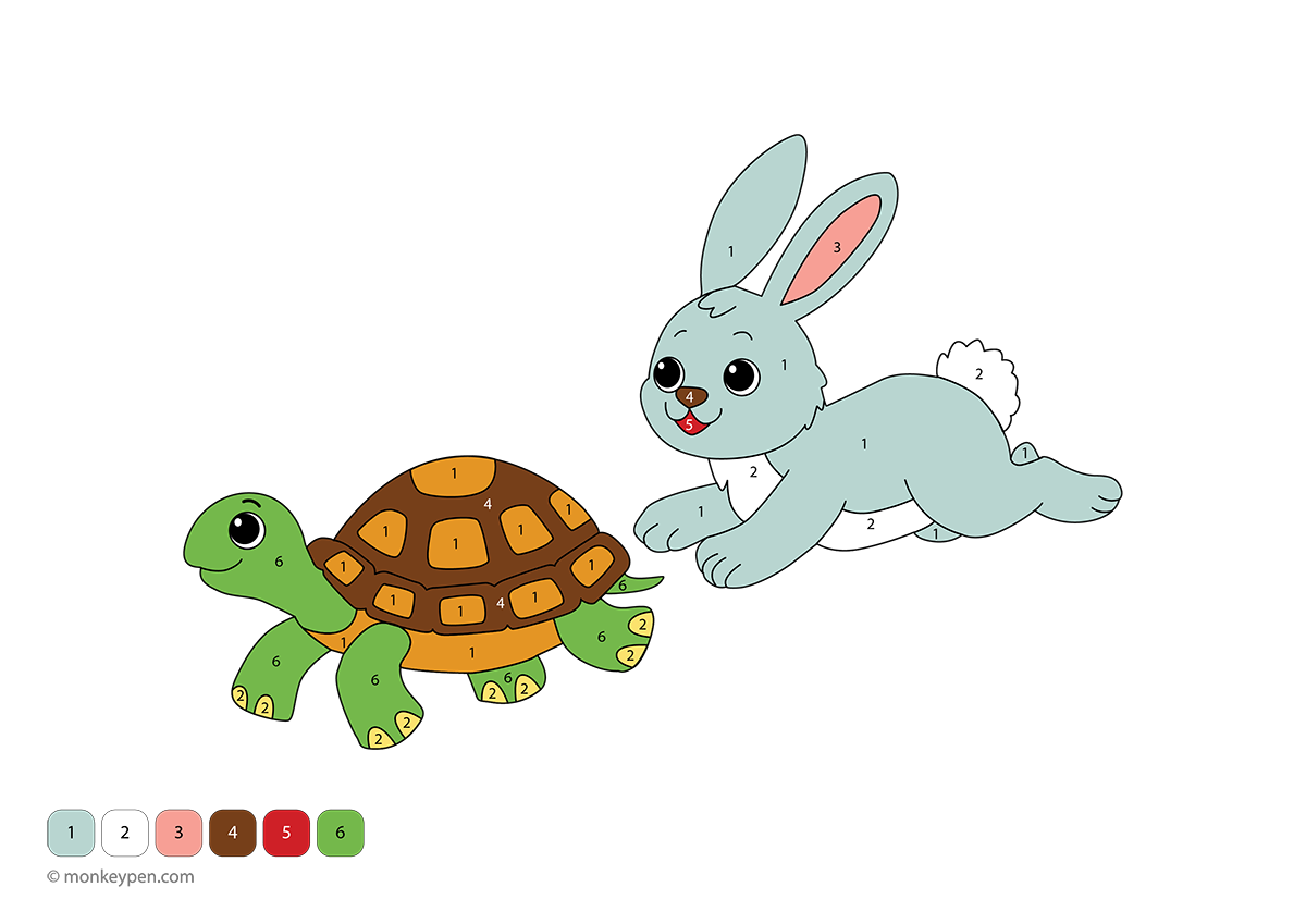 Rabbit and Tortoise Color by Number – Coloring Pages