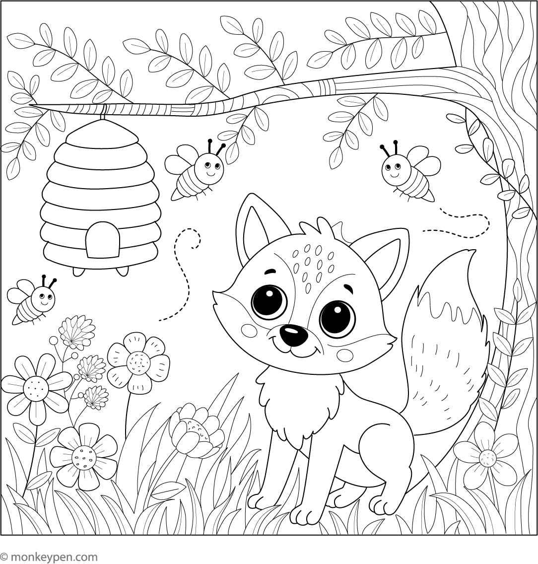 Adorable Fox with Beehive – Interactive Wildlife Coloring Fun