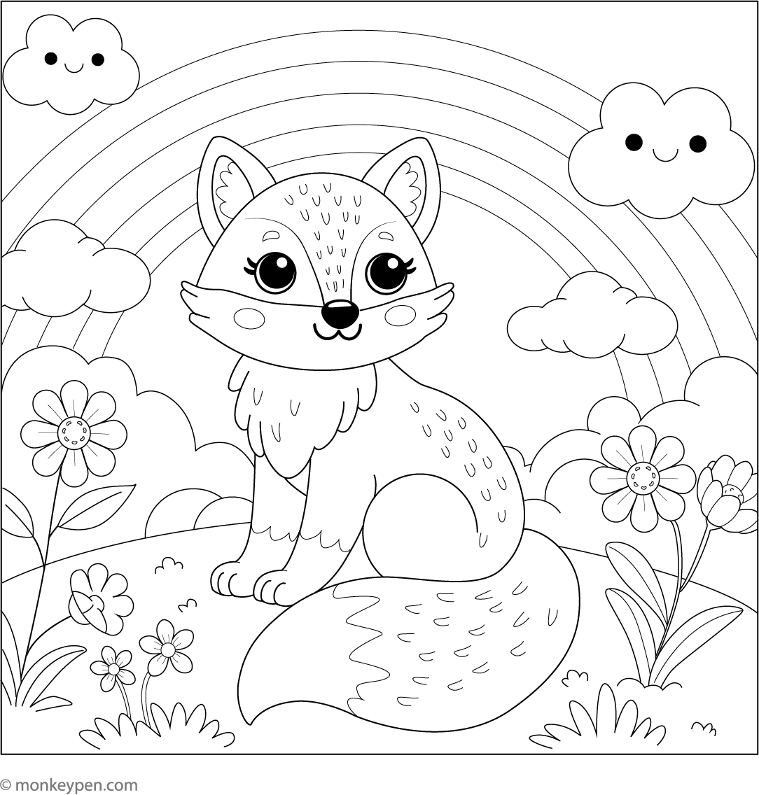 Fox and Rainbow – Free Printable Coloring Page