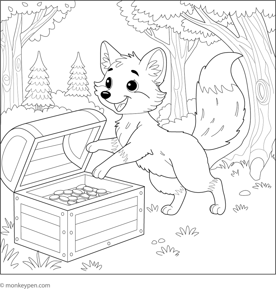 Fox and a Treasure Chest – Fun and Creative Coloring Page for Kids