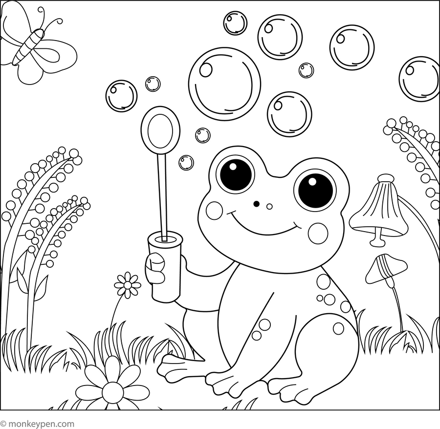 Printable Frog Blowing Bubbles Coloring Page – Free PDF