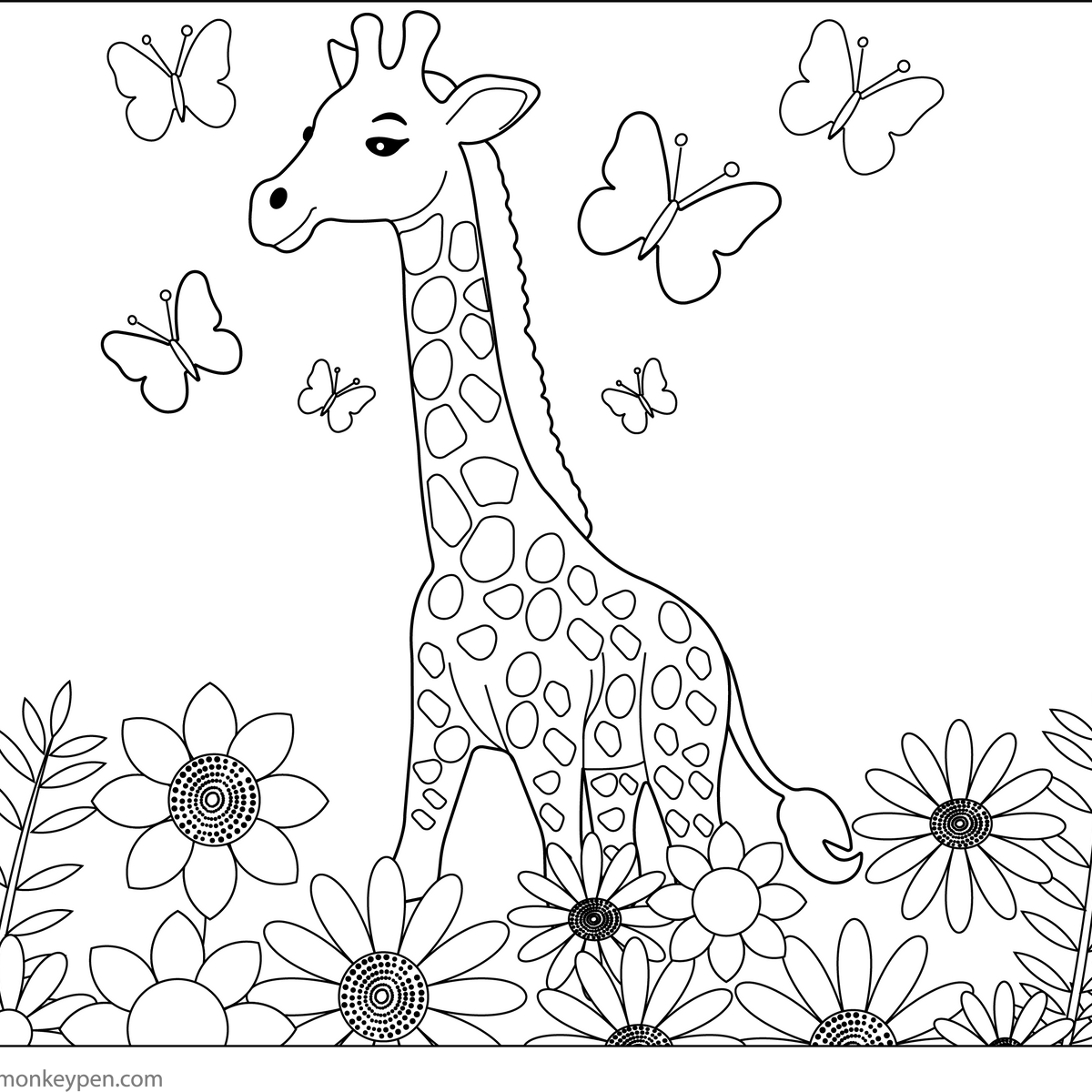 Giraffe in a Garden – Fun and Friendly Animal Coloring Page for Kids