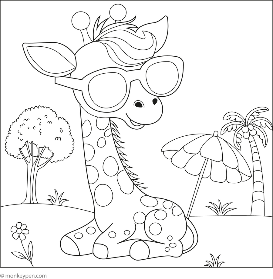 Free Printable Giraffe with Sunglasses Coloring Page for Kids