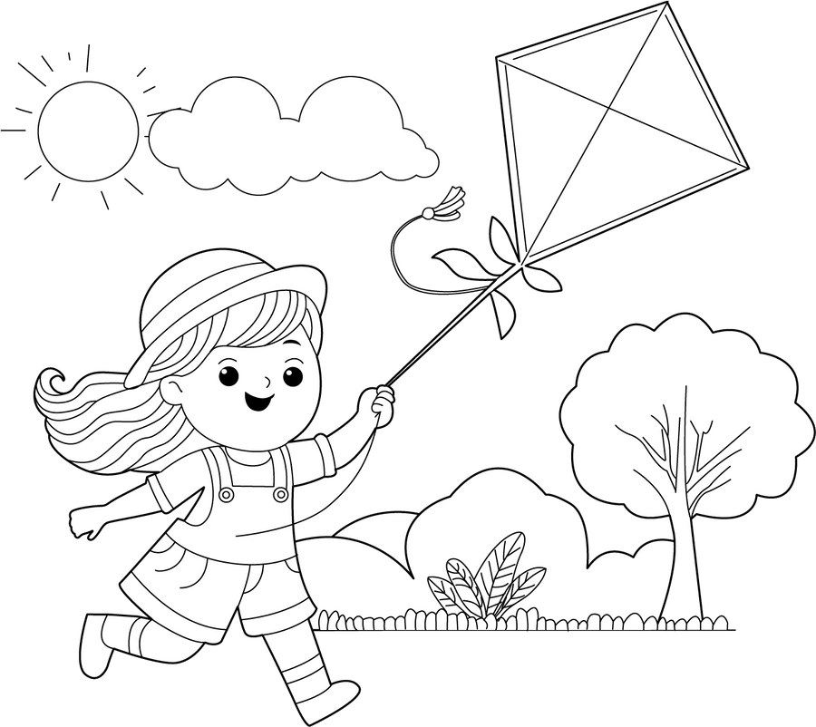 Girl Flying Kite Coloring Page
