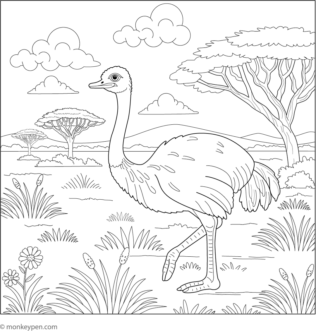Ostrich Coloring Book – Free Kids Coloring Page PDF