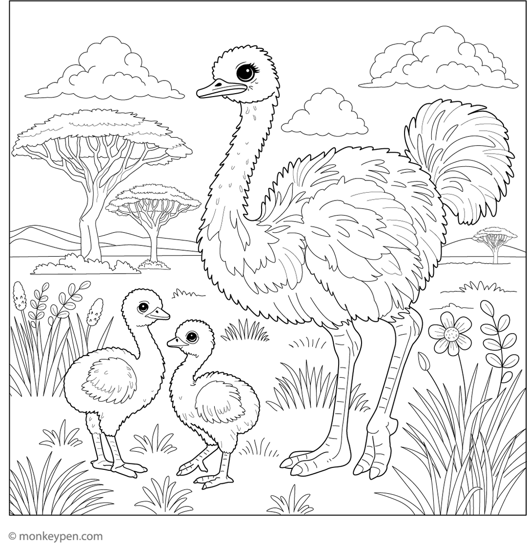 Ostrich Coloring Book – Free Kids Coloring Page PDF
