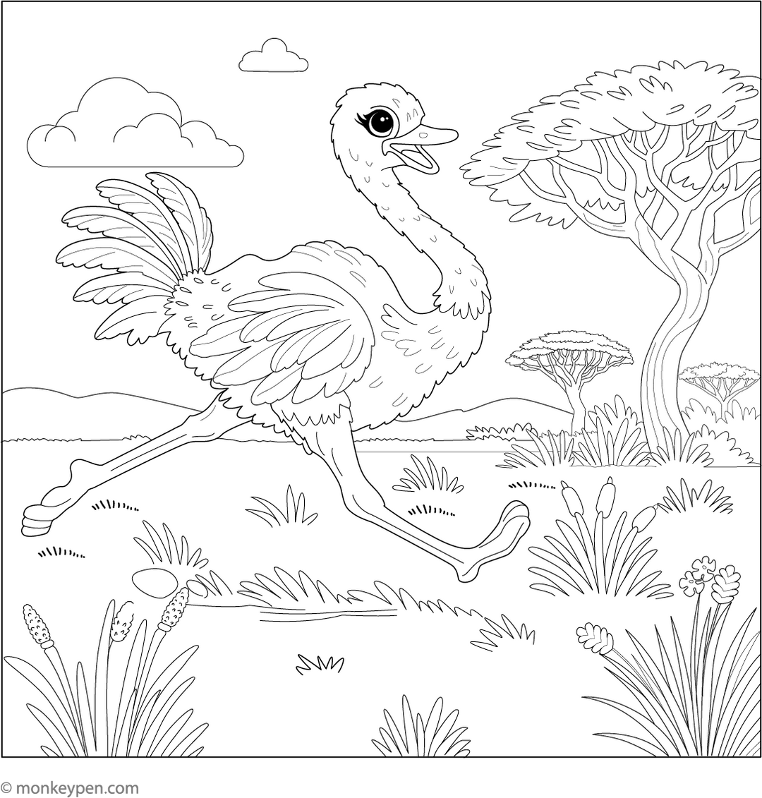 Ostrich Coloring Book – Free Kids Coloring Page PDF