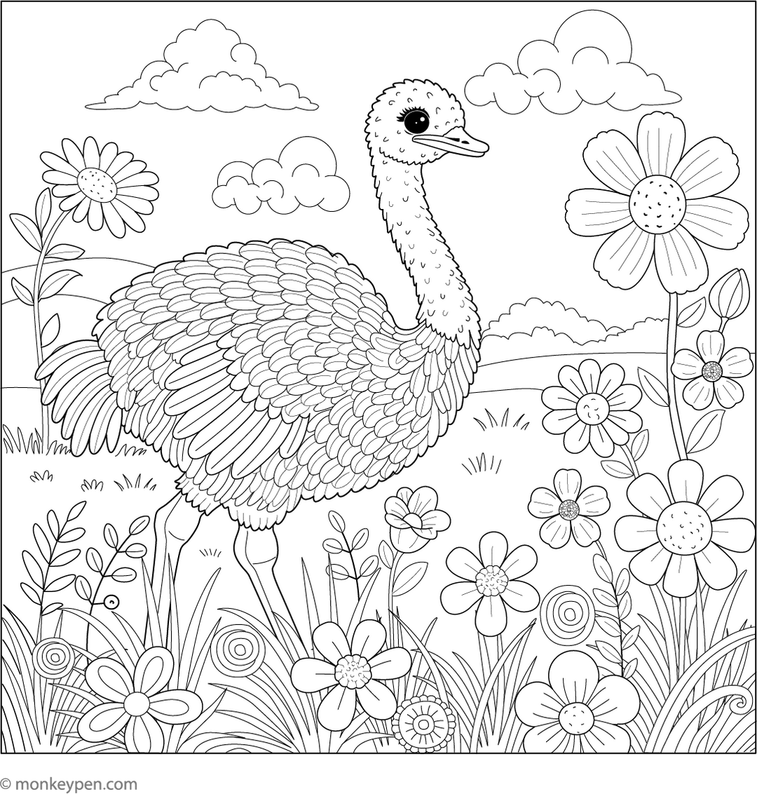 Ostrich Coloring Book – Free Kids Coloring Page PDF
