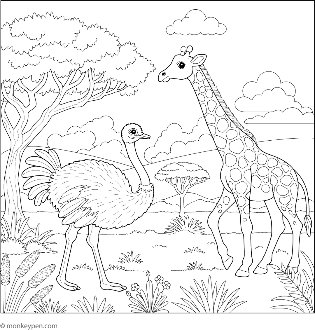 Ostrich Coloring Book – Free Kids Coloring Page PDF