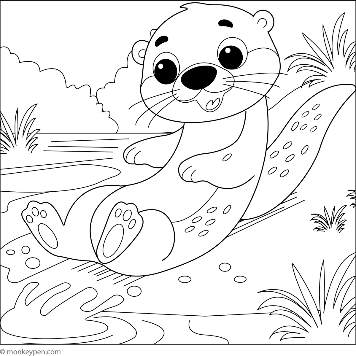 Otter Sliding on Mud – Playful River Animal Coloring Page for Kids