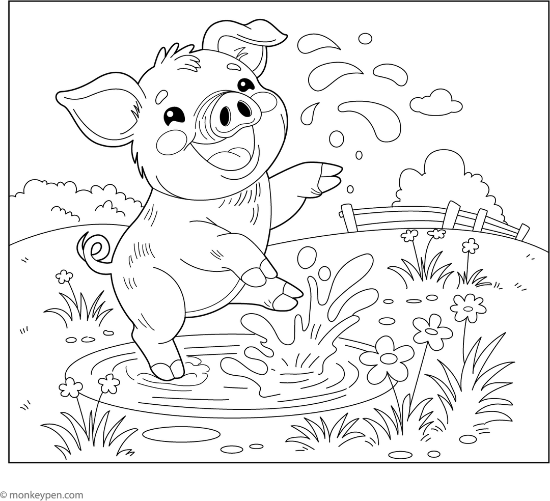 Free Printable Happy Pig in Mud Puddle Coloring Page