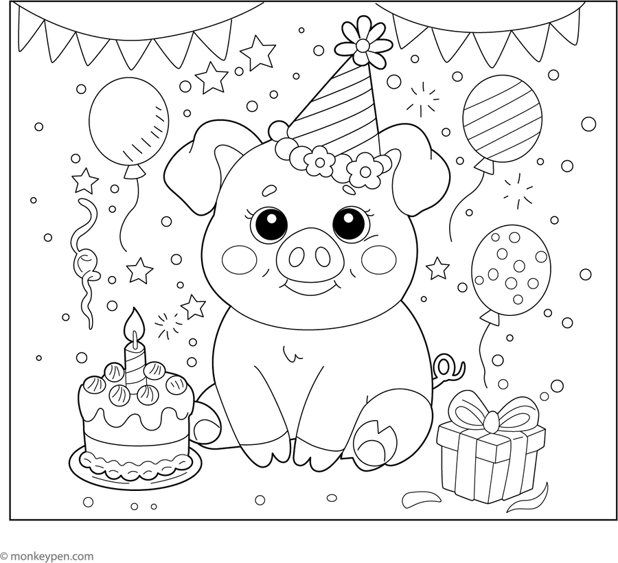 Pig with a Party Hat Coloring Page – Free Printable PDF