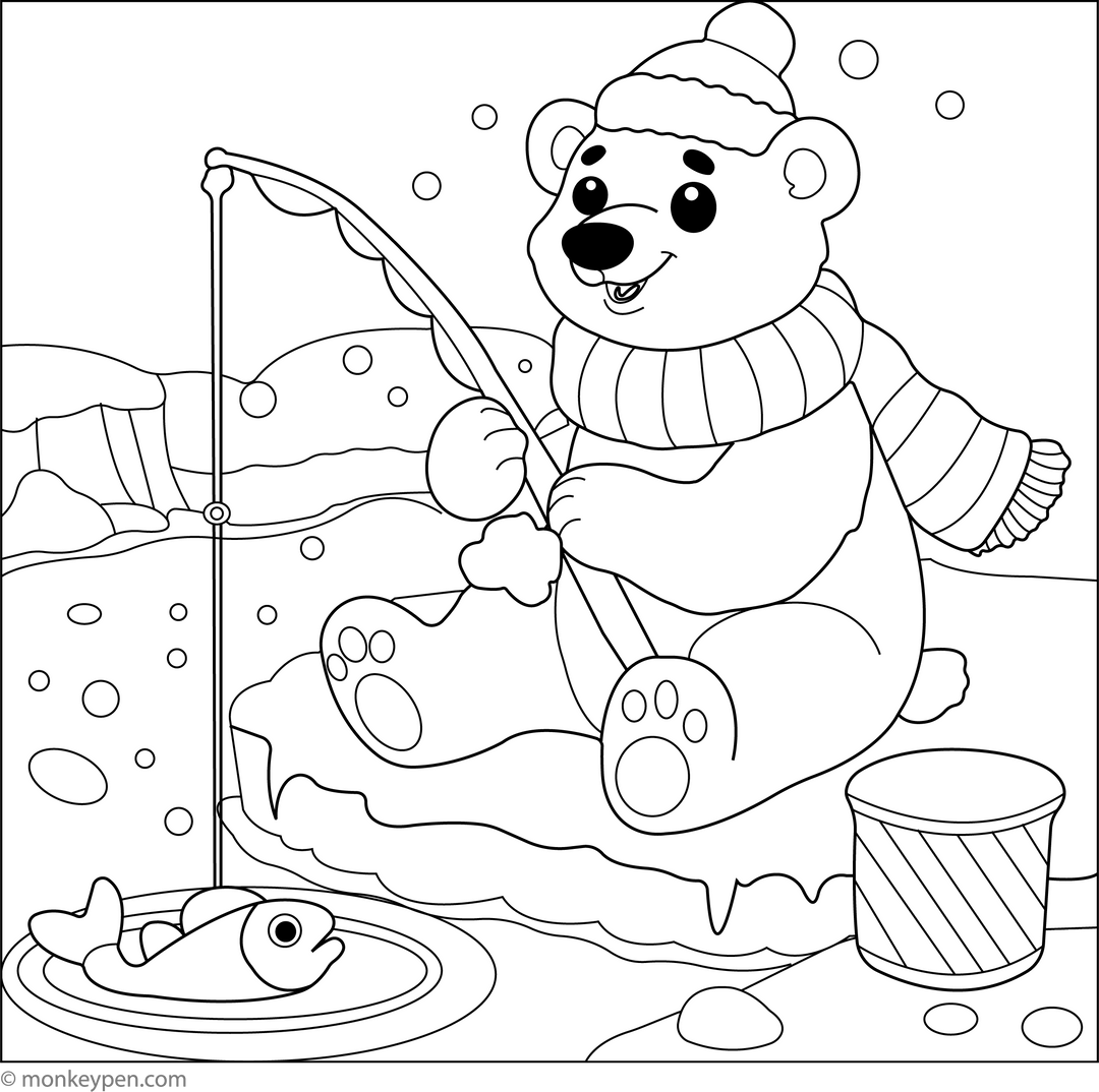 Polar Bear Fishing Coloring Page – Free PDF for Kids Fun